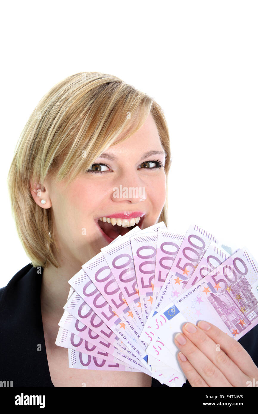 Gleeful woman with 500 euro notes Stock Photo - Alamy