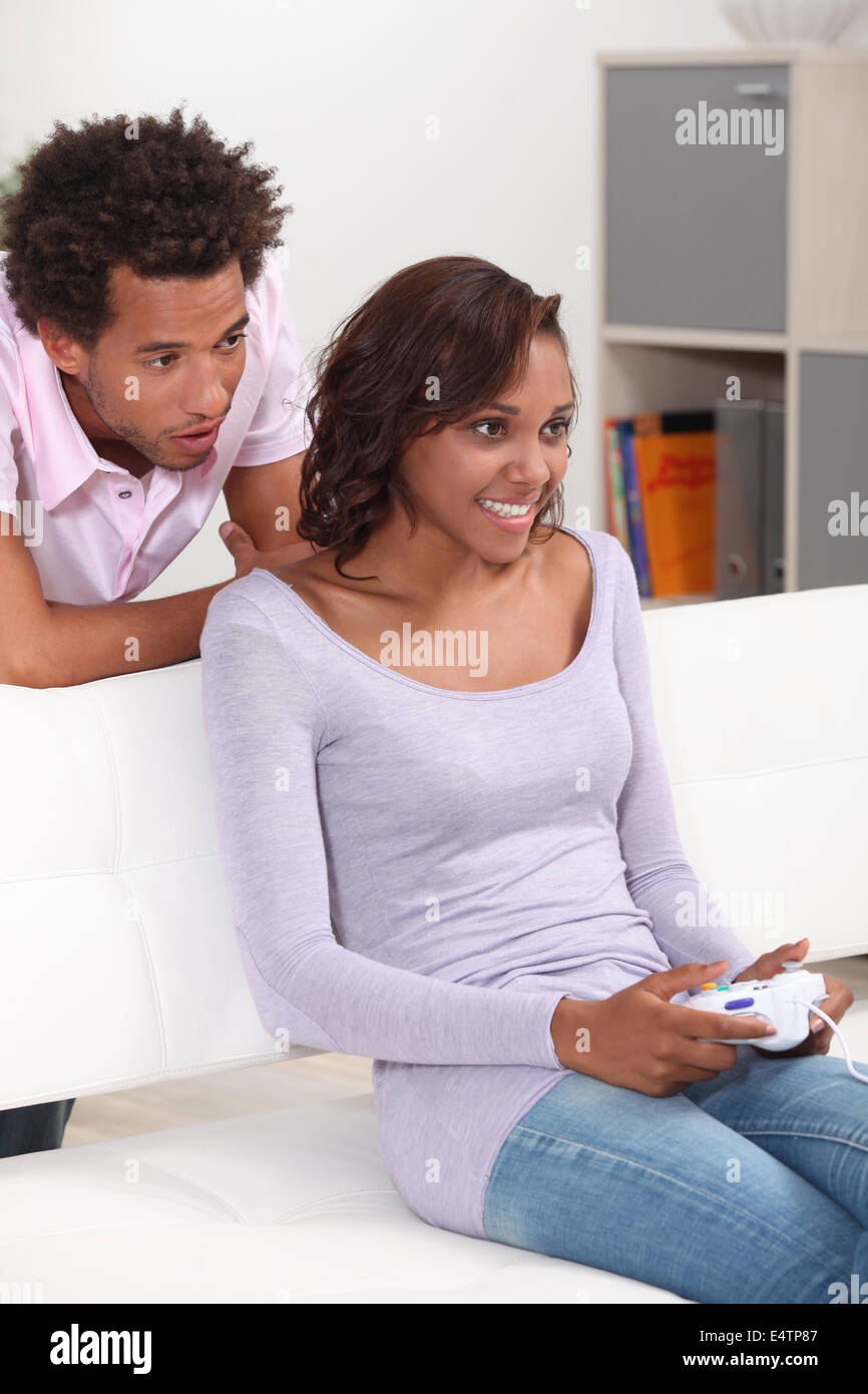 Woman playing computer games Stock Photo - Alamy