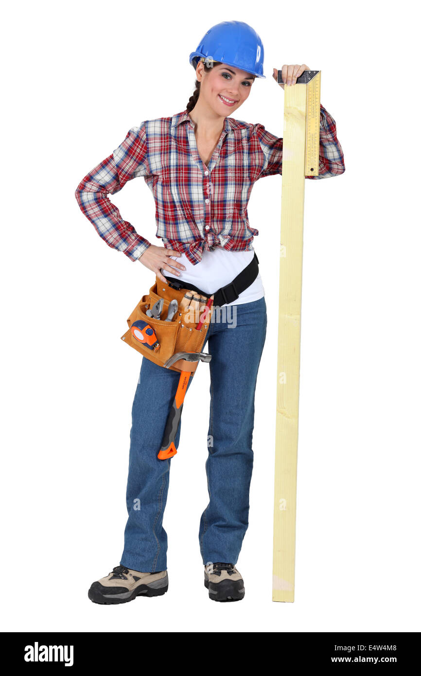 Female carpenter with set-square Stock Photo - Alamy