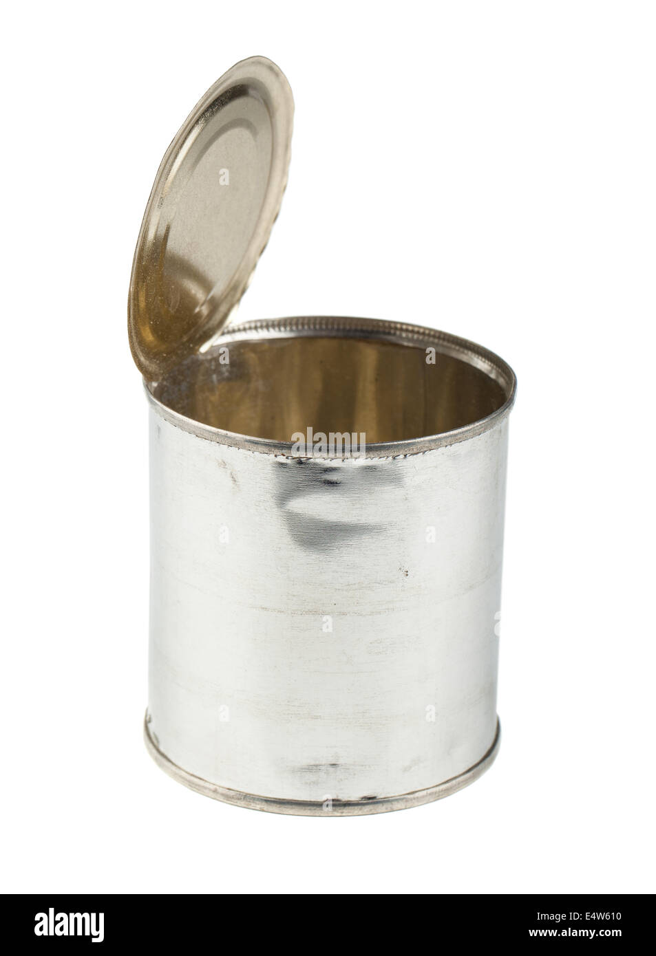 Opened tin can on white background Stock Photo - Alamy