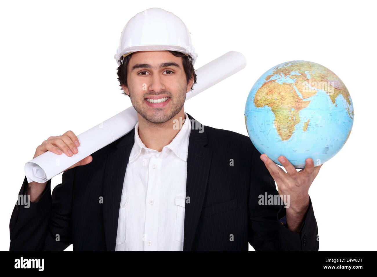 Man holding a plan and a globe Stock Photo - Alamy
