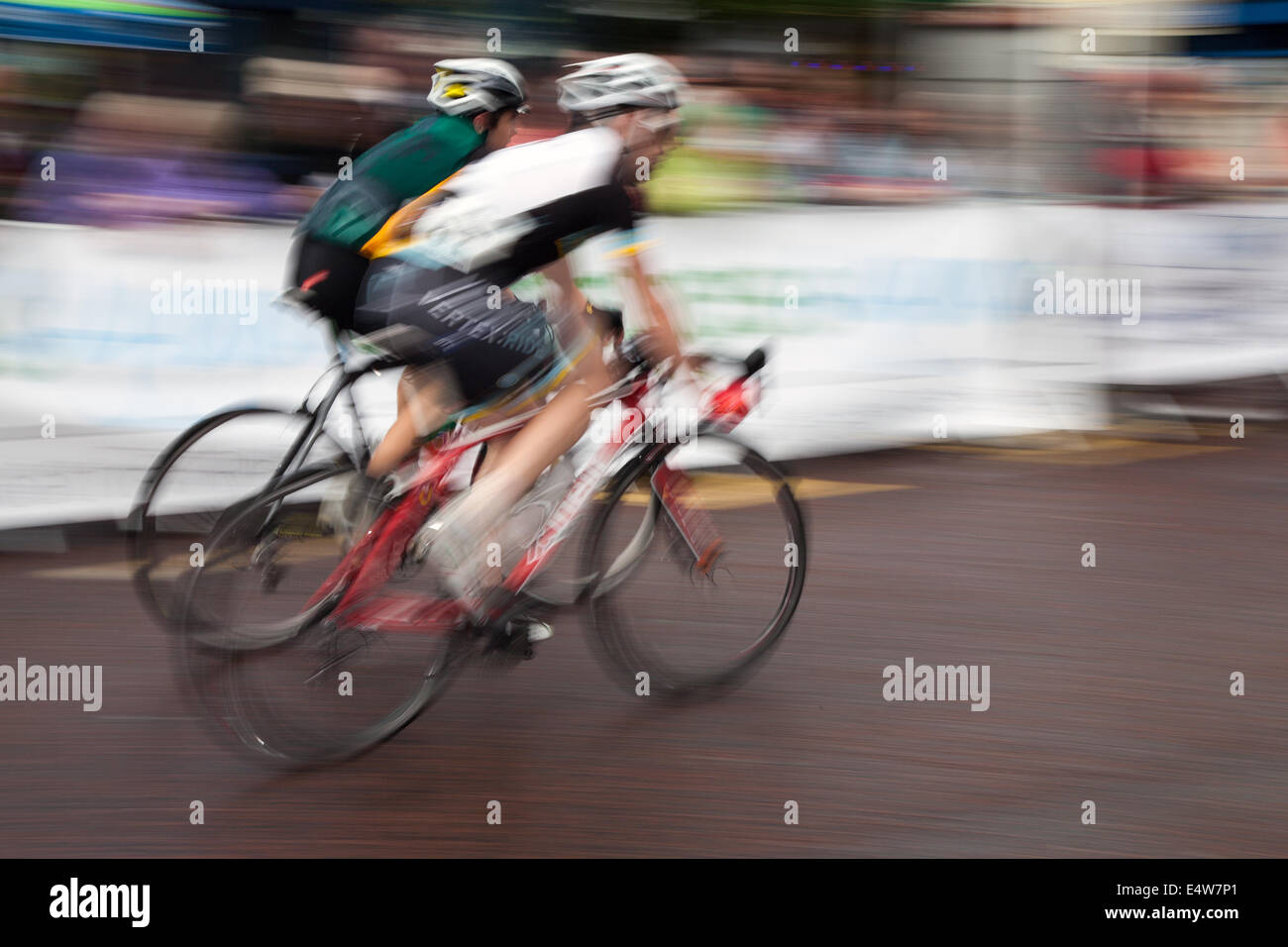 Fast moving road cyclists blurred riders at Colne, Lancashire, UK 16th ...