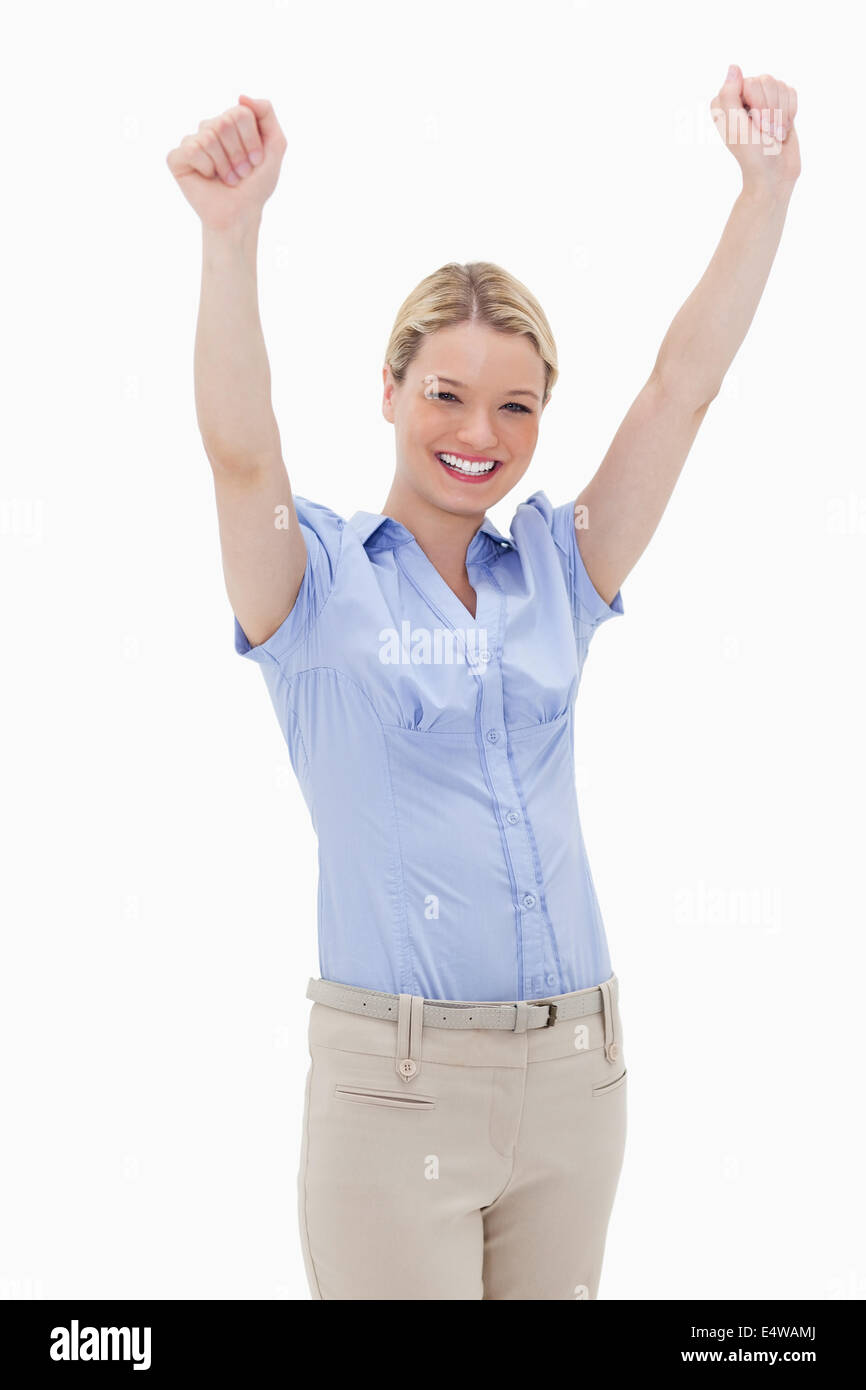 Happy cheering woman Stock Photo - Alamy