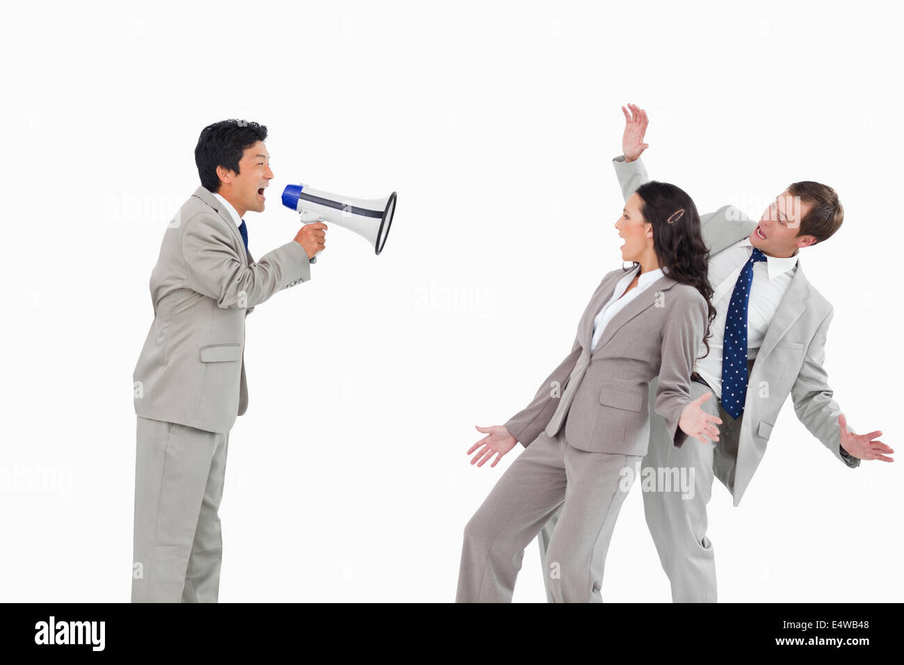 Salesman with megaphone yelling at colleagues Stock Photo - Alamy