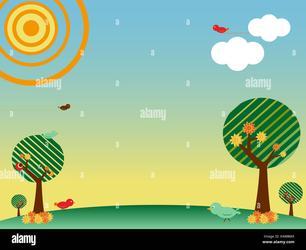 Retro spring landscape with birds and trees Stock Photo - Alamy