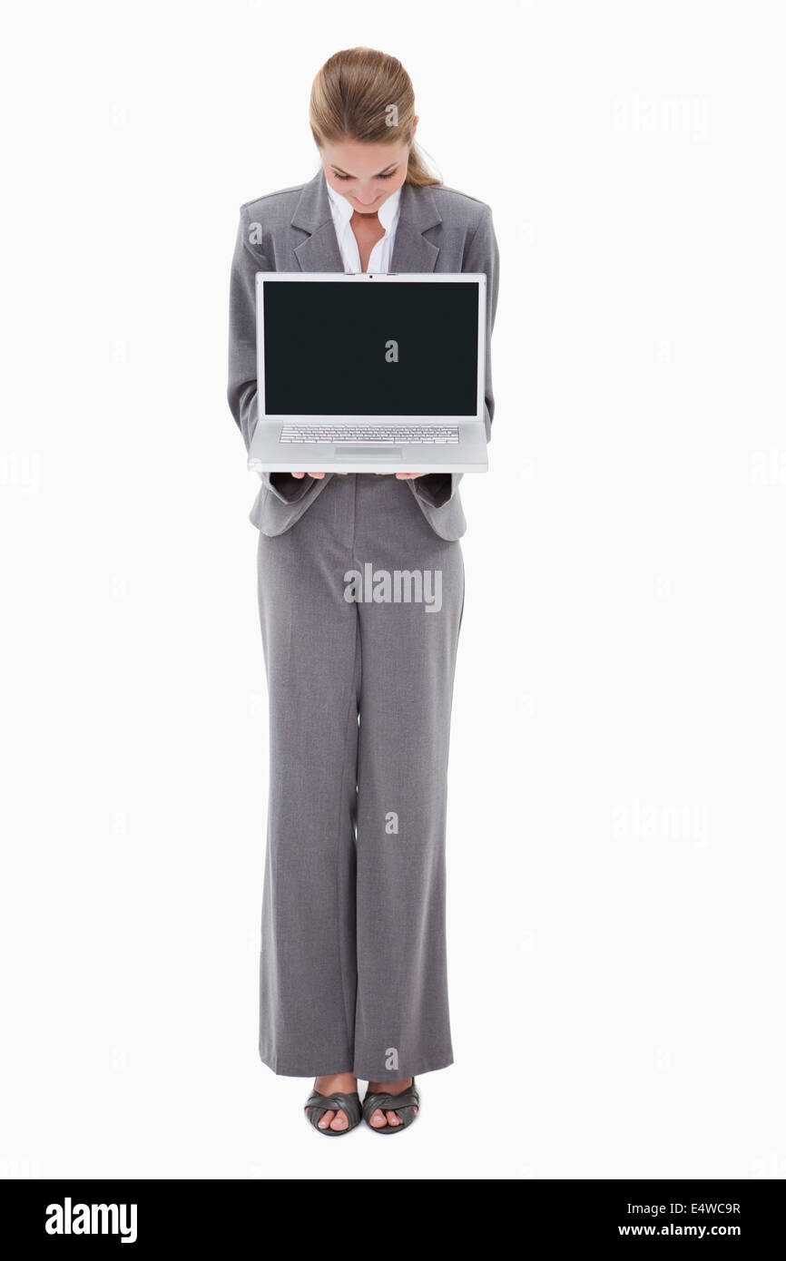 Bank employee presenting her laptop Stock Photo - Alamy