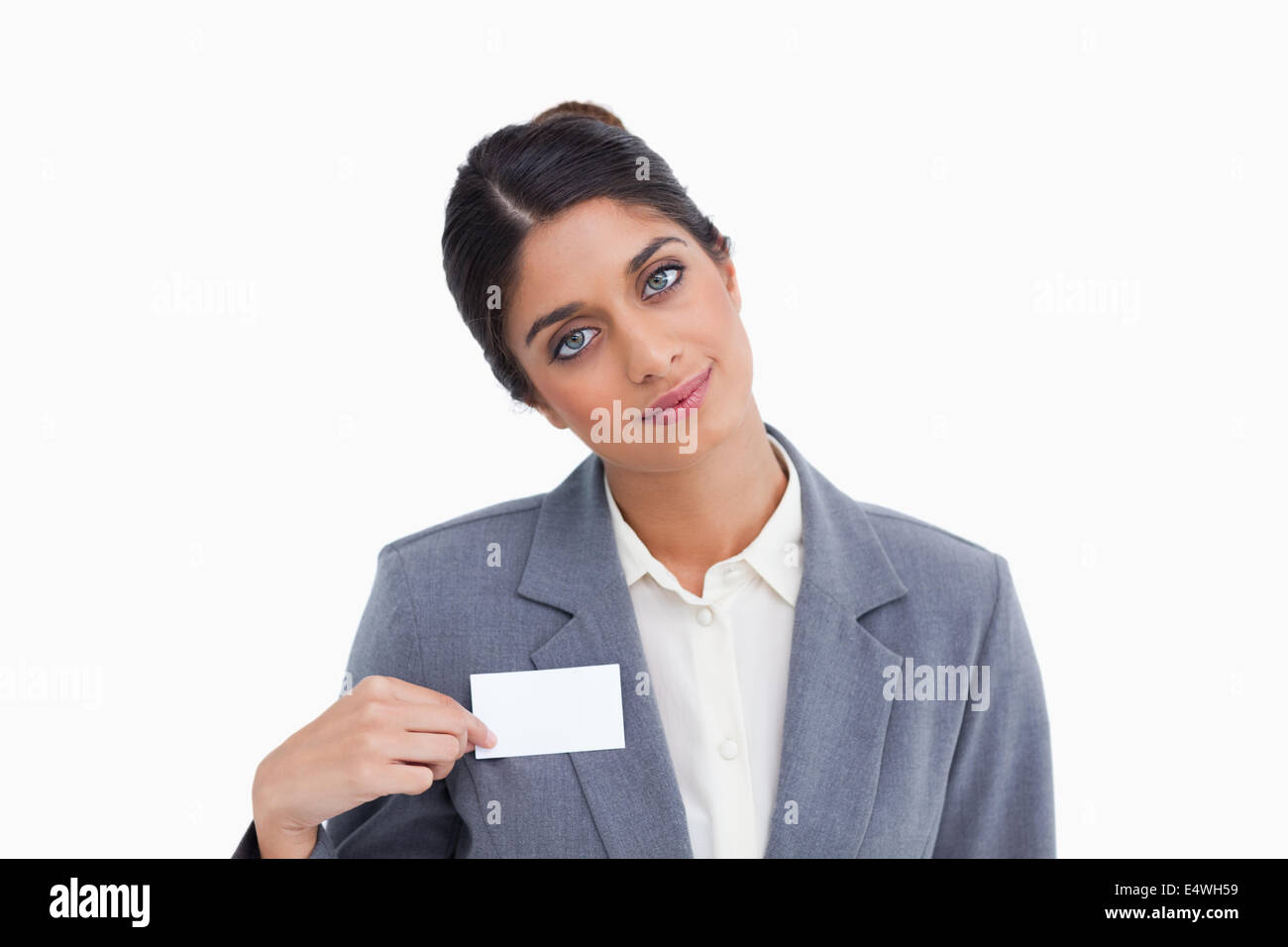 Female entrepreneur pointing at name sign Stock Photo - Alamy