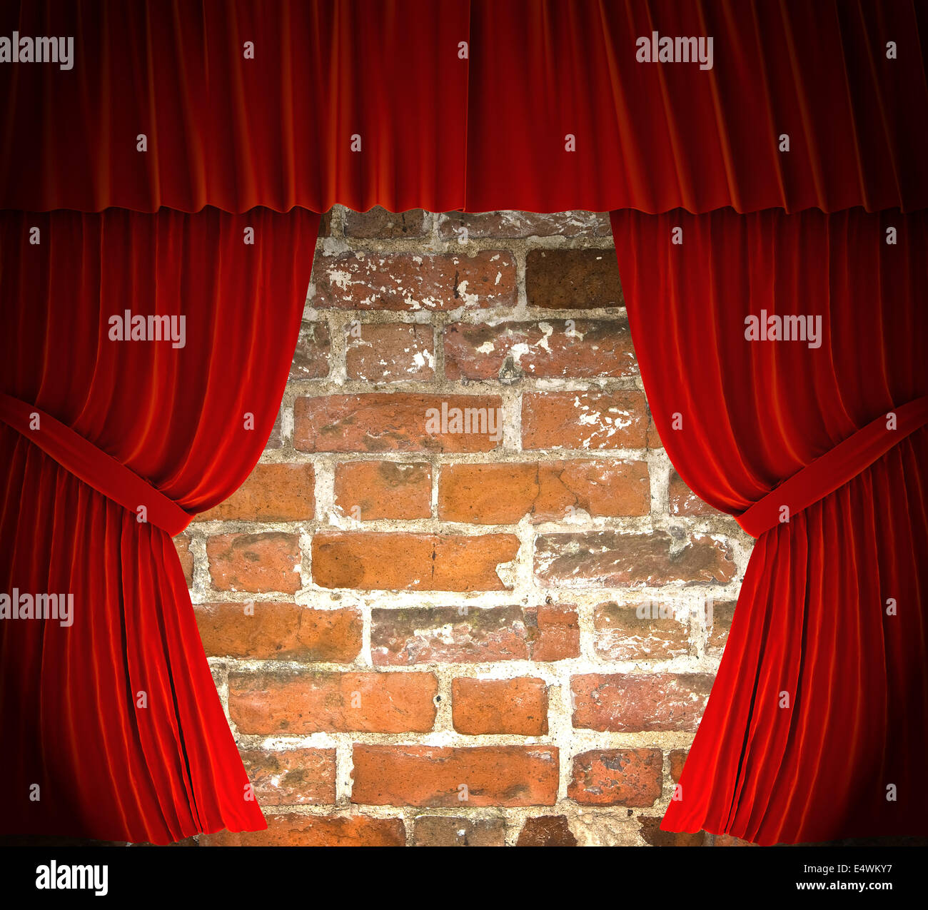 Red curtains over brick wall Stock Photo - Alamy