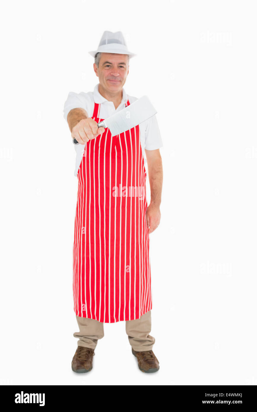 Butcher showing his meat cleaver Stock Photo - Alamy