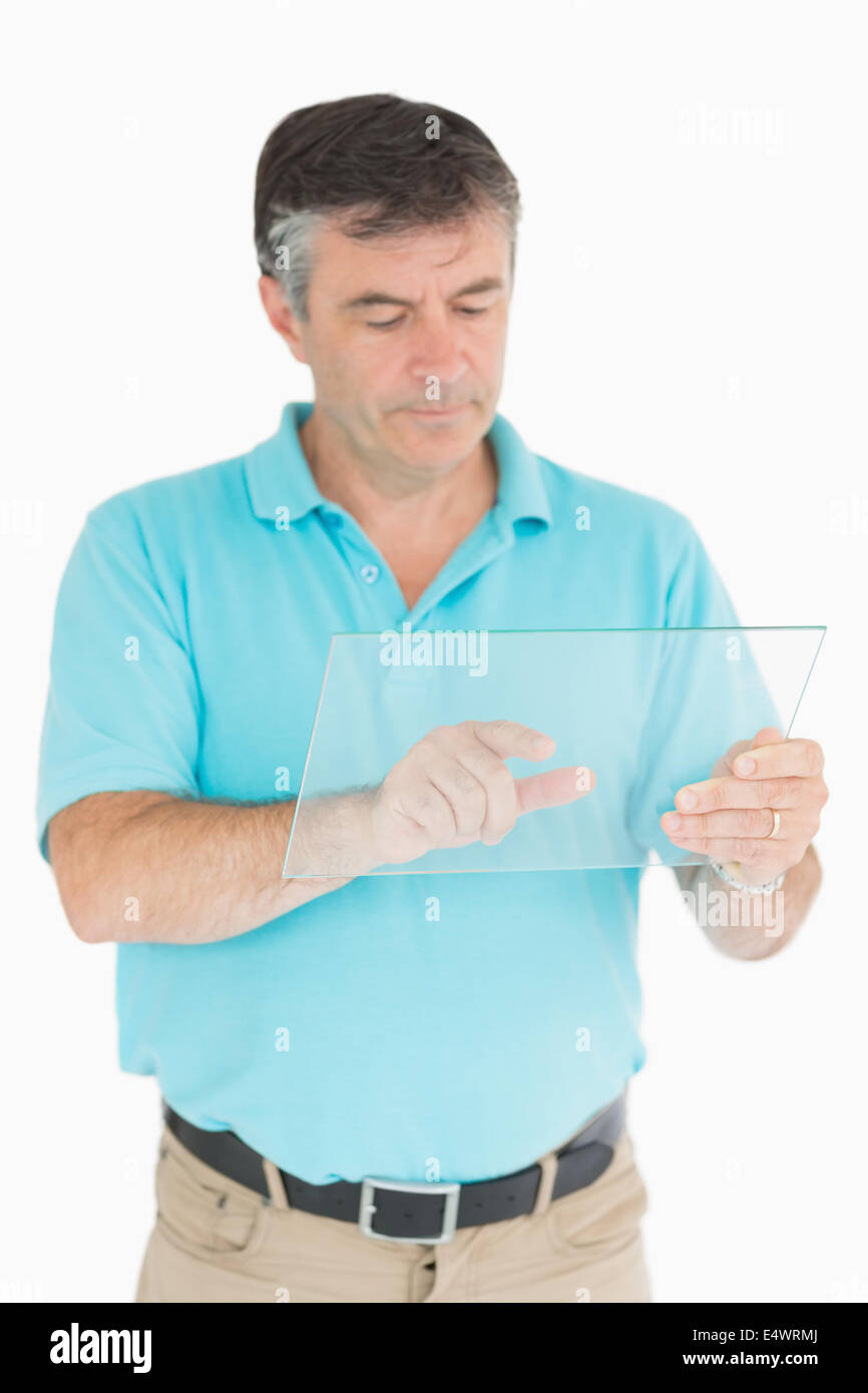 Man pointing on glass slide Stock Photo - Alamy