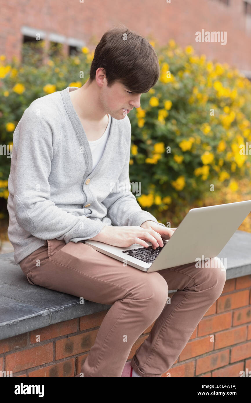 Young man using laptop outside Stock Photo - Alamy