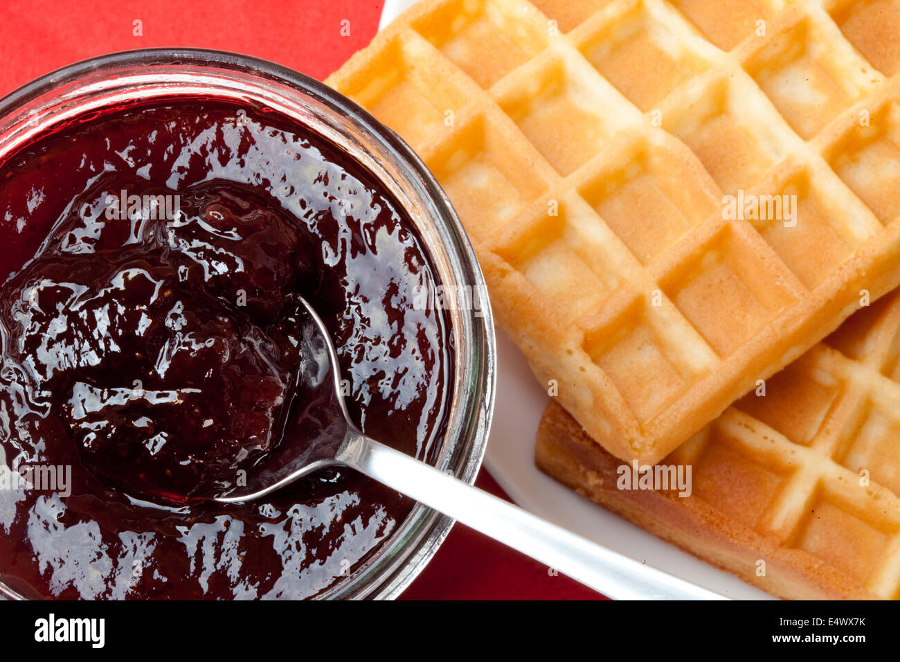 Breakfast with waffles and jam Stock Photo - Alamy