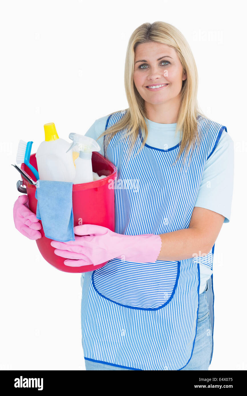 Cleaner woman holding a bucket Stock Photo - Alamy