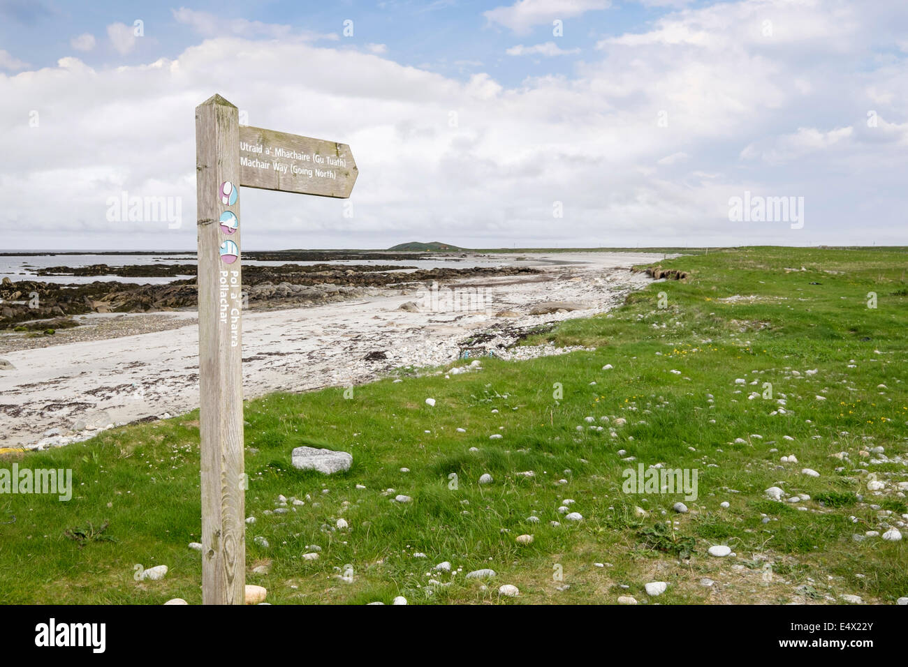 Machair Way walk bilingual Gaelic signpost going north on coast ...