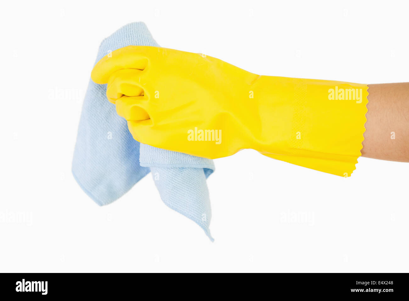 Outstretched hand in glove holding rag Stock Photo - Alamy