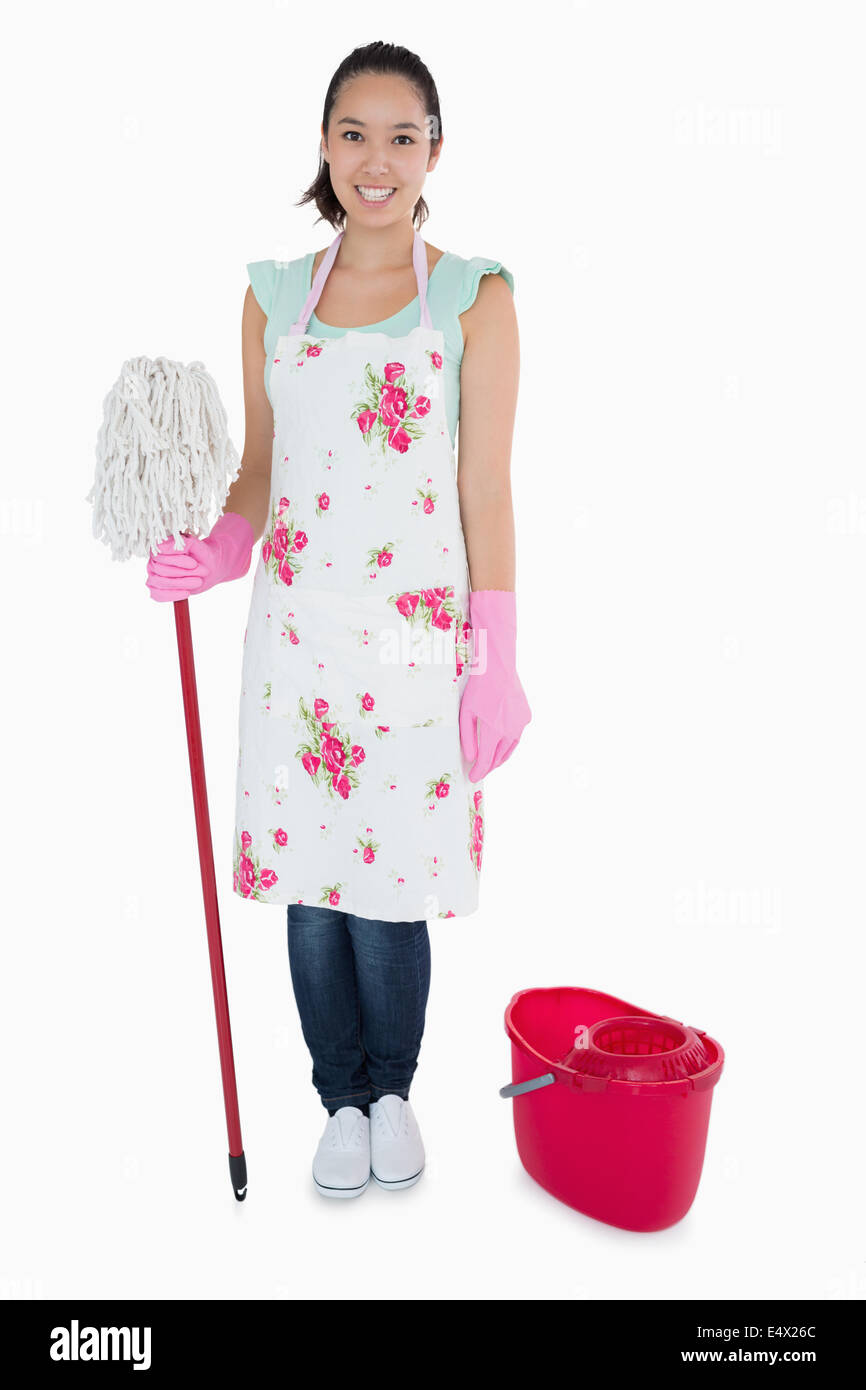 Happy woman with mop and bucket Stock Photo - Alamy