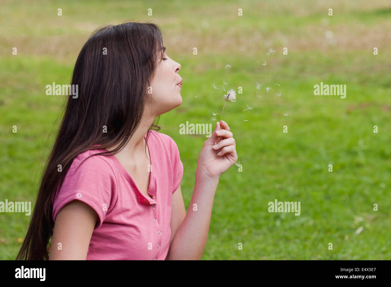Young relaxed woman blowing a dandelion Stock Photo - Alamy