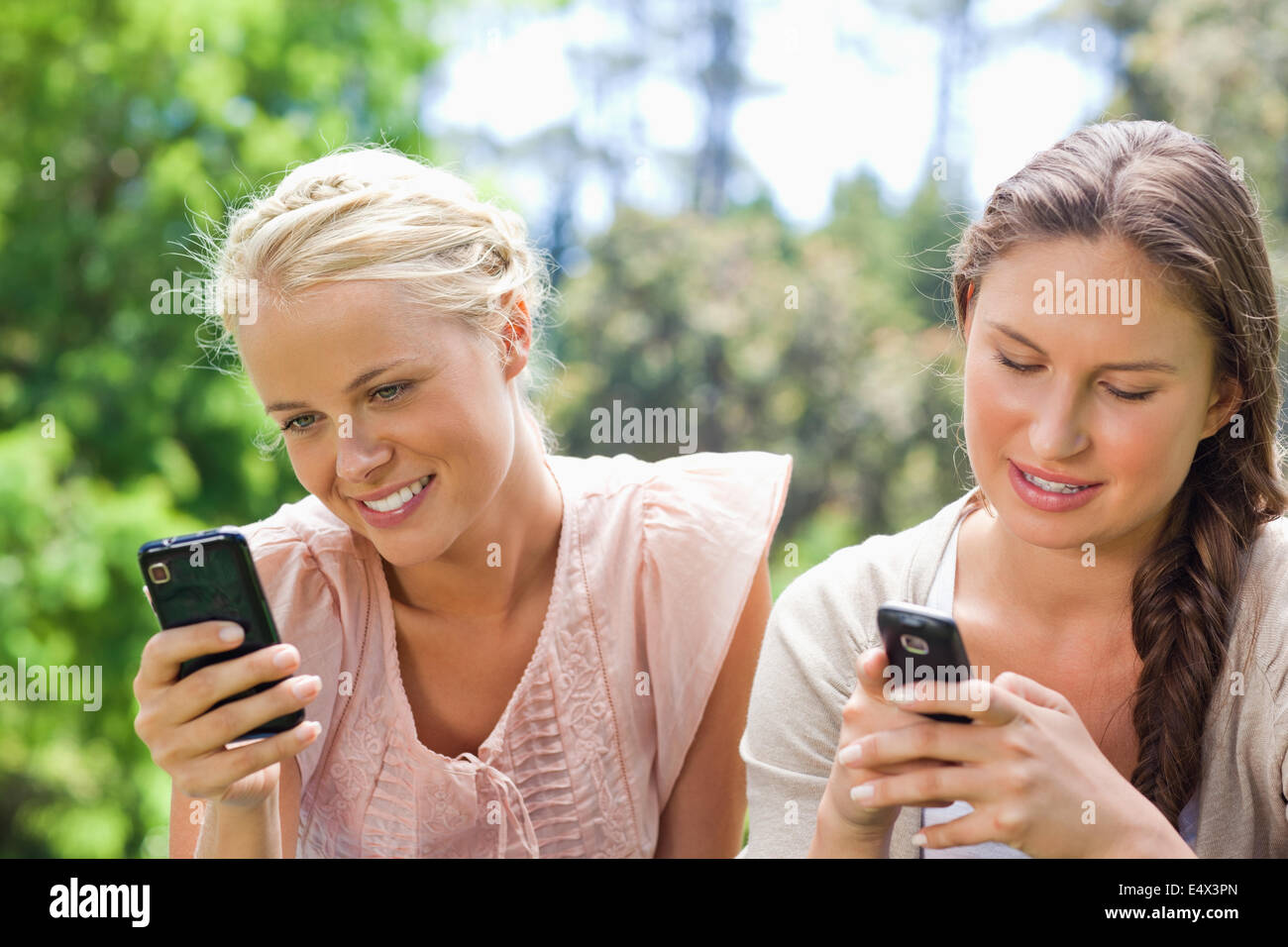 Friends writing text messages in the park Stock Photo - Alamy