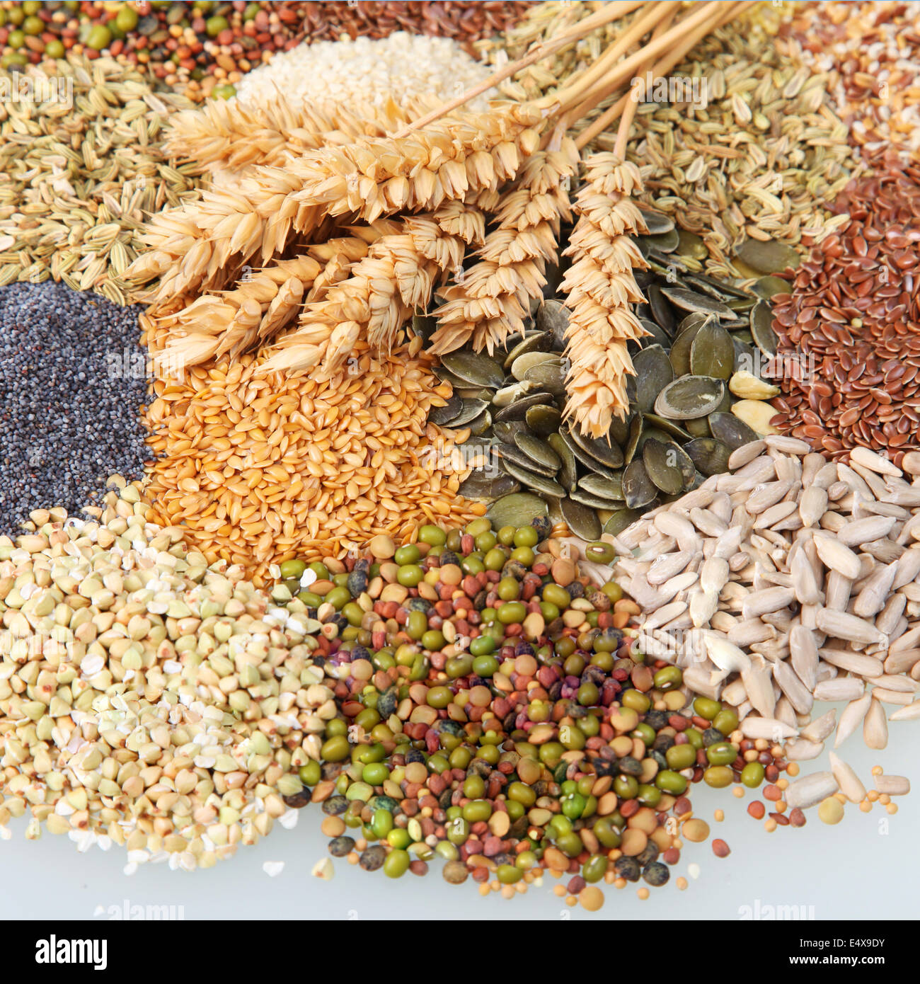 Variety of edible seeds with ears of wheat Stock Photo - Alamy