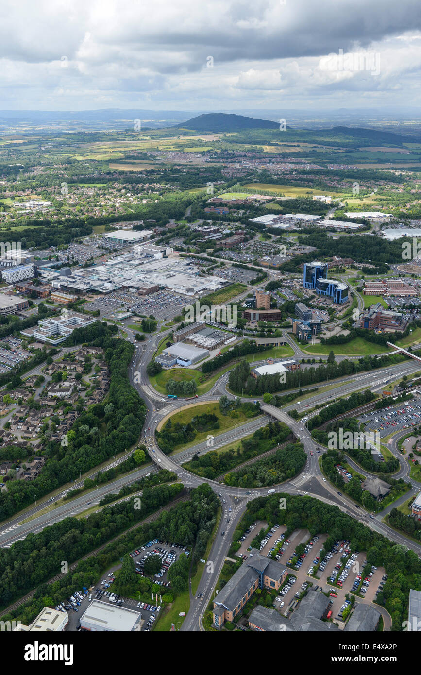 Aerial view looking across Telford town centre towards the Wrekin in ...