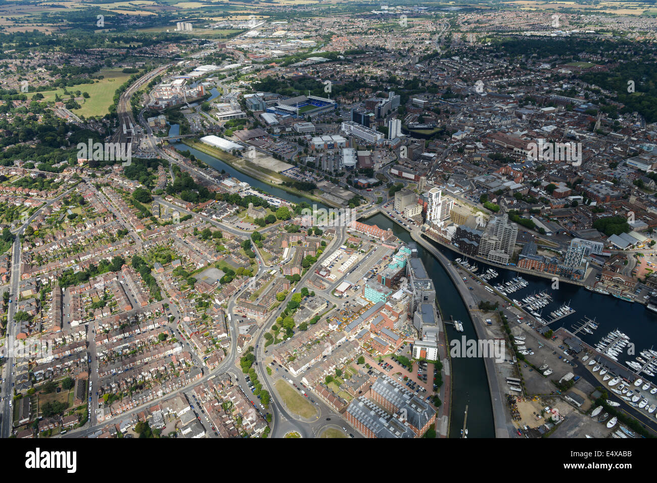 An aerial view looking up the River Orwell towards the docks and ...