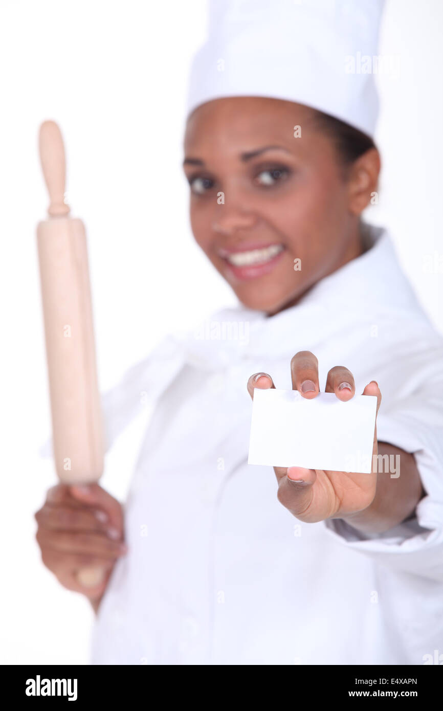 Chef with rolling pin and business card Stock Photo - Alamy
