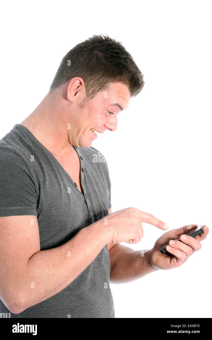 Man pointing at his smartphone in excitement Stock Photo - Alamy