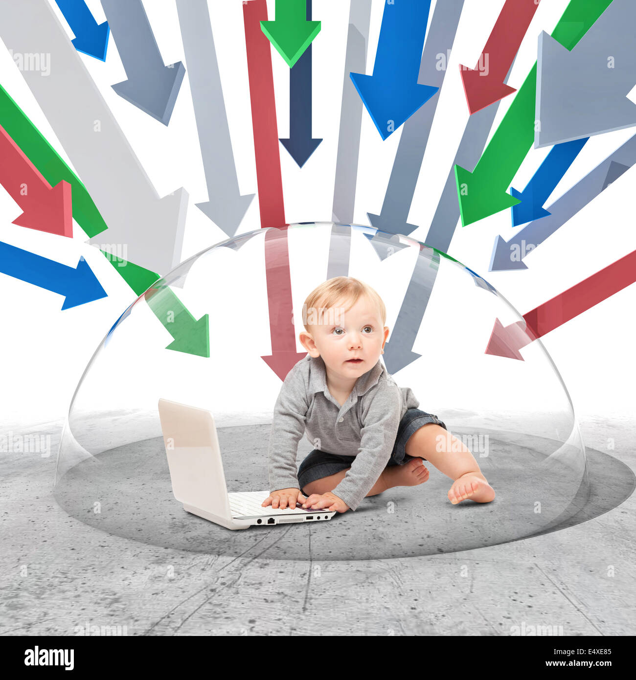 child with notebook inside of 3d protection bubble Stock Photo - Alamy