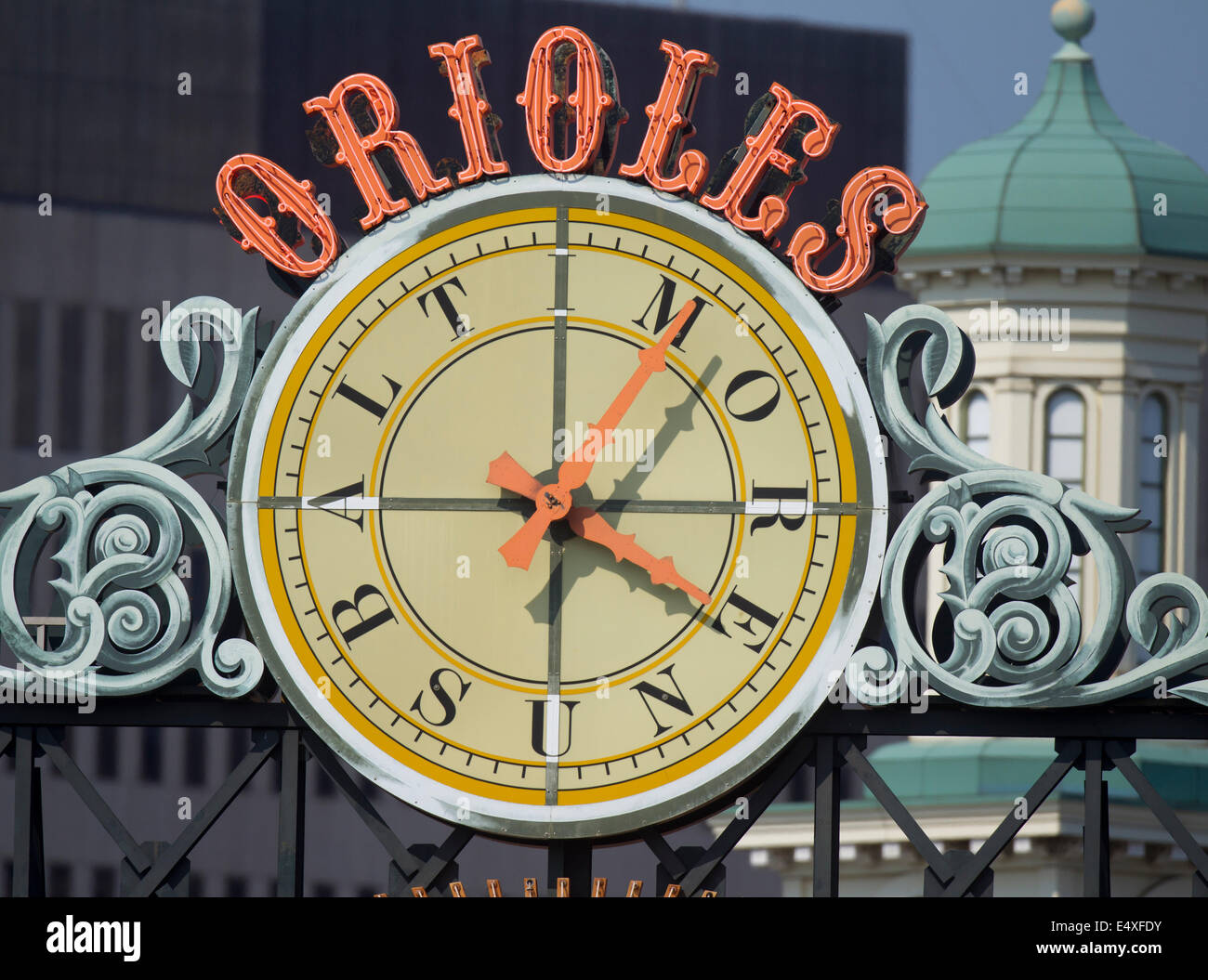 Stadium clock at Oriole Park at Camden Yards in Baltimore, Maryland ...