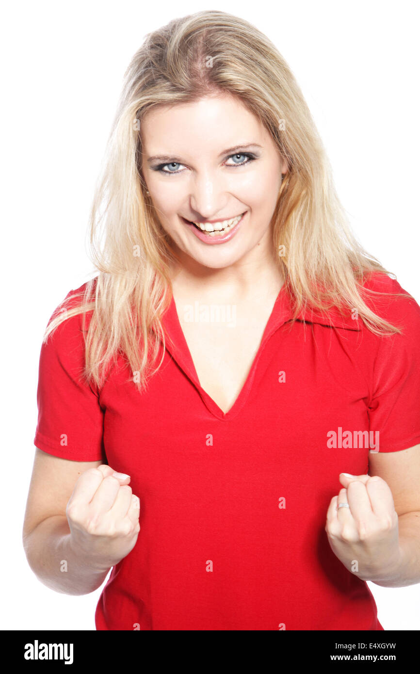 Woman happy red top hi-res stock photography and images - Alamy