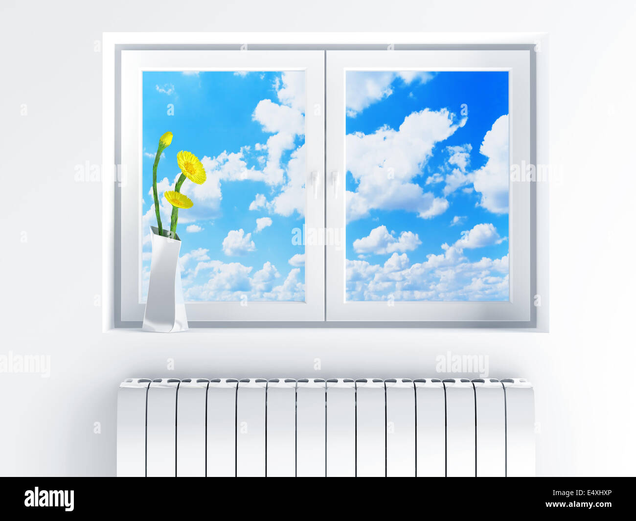 window with cloudy sky and flowers on sill Stock Photo - Alamy