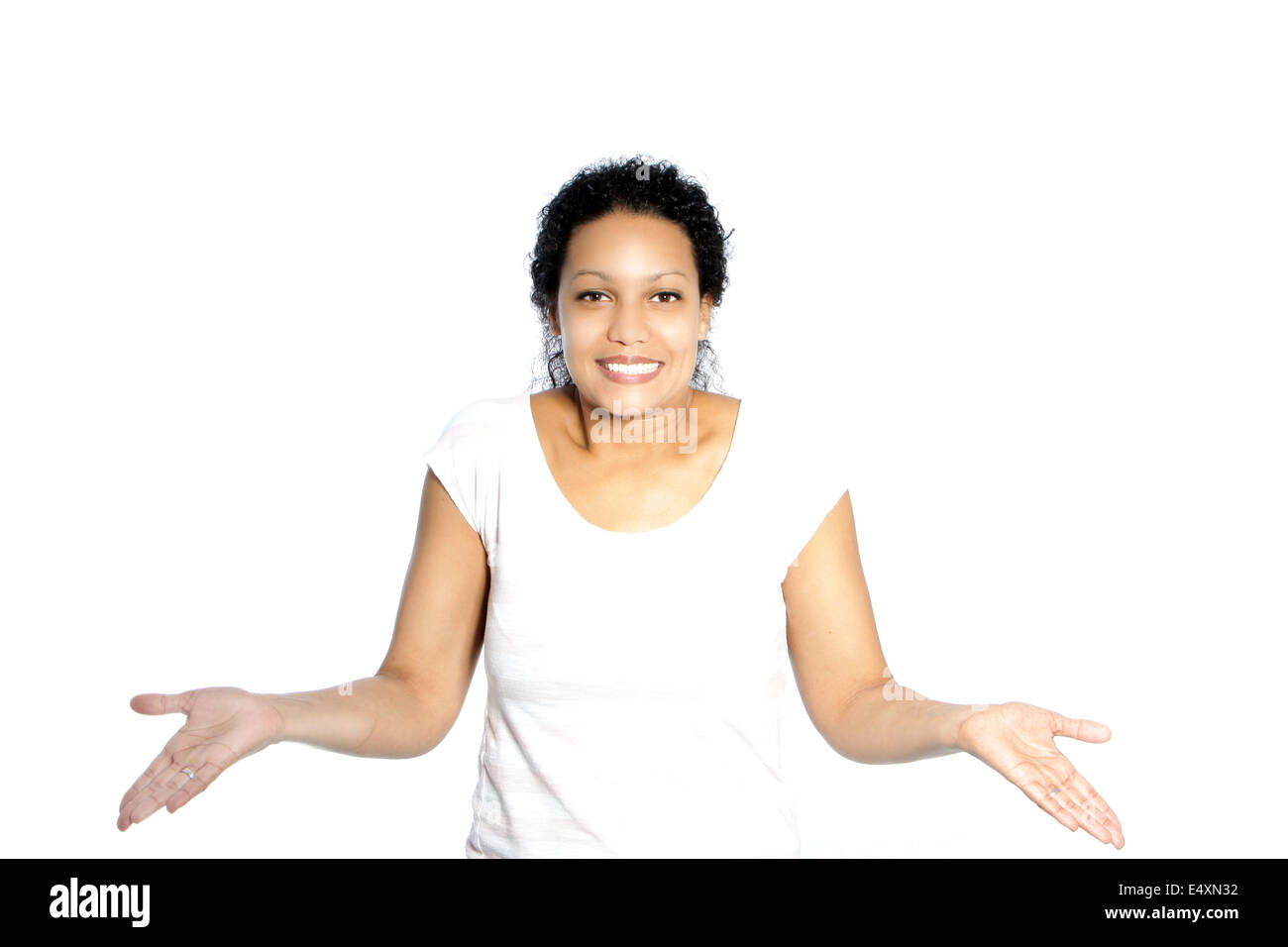 Smiling woman shrugging hi-res stock photography and images - Alamy