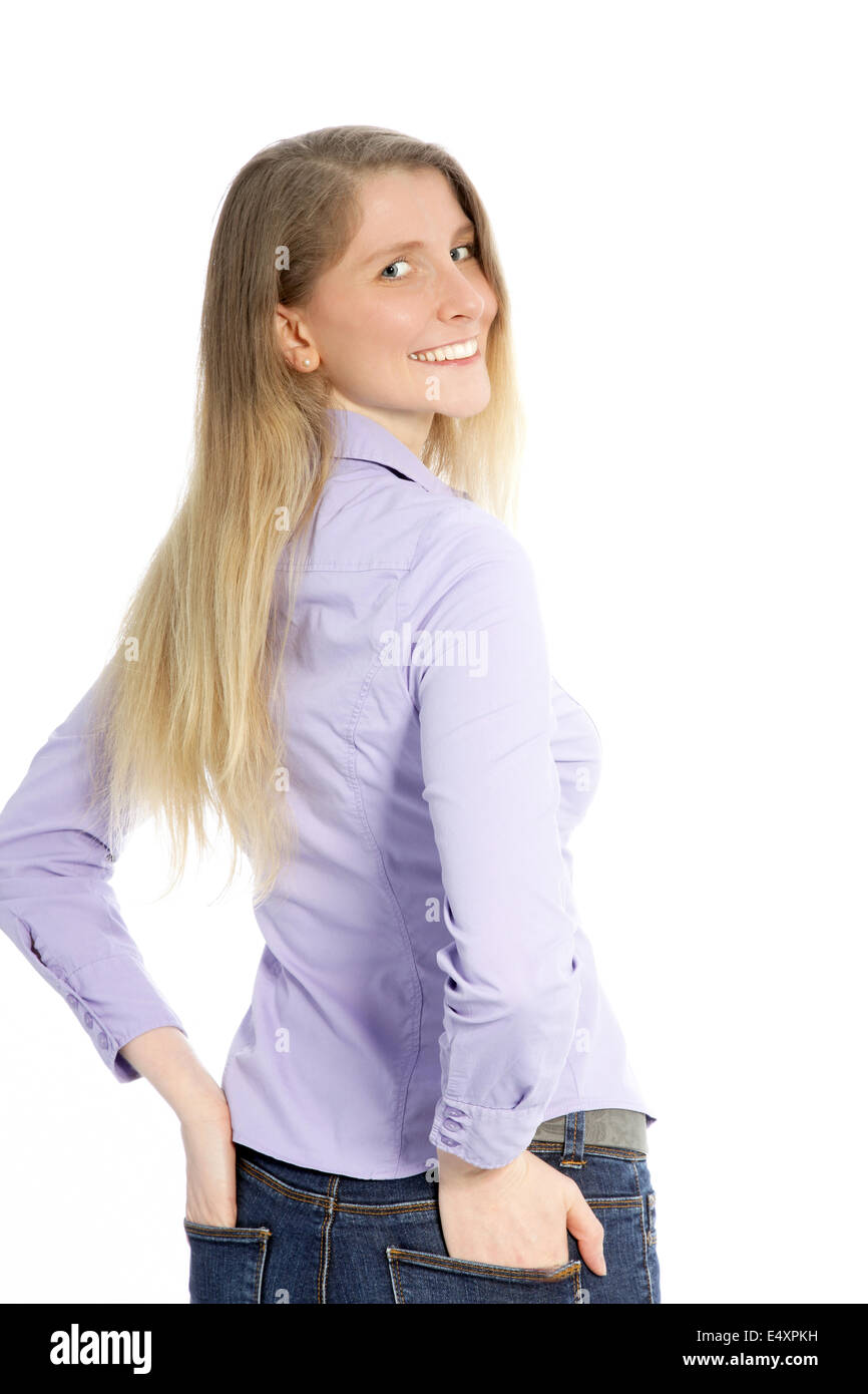 Woman looking back over her shoulder Stock Photo - Alamy