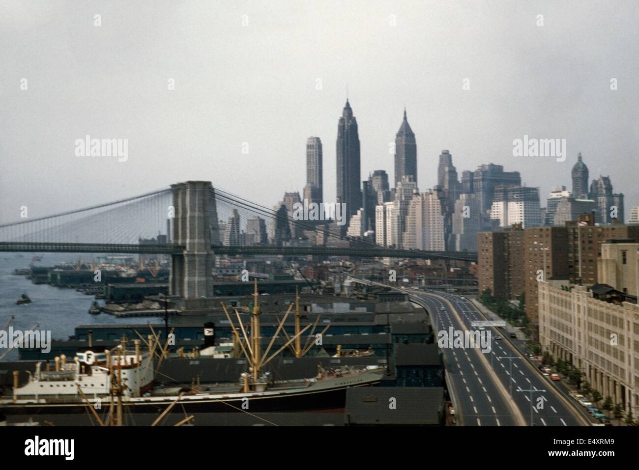 New York, Brooklyn Bridge showing freeway and docks, 1958 Stock Photo ...