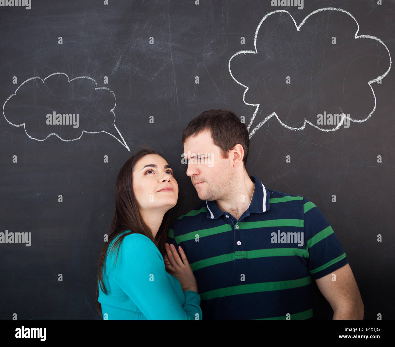 Young happy couple thinking. Chalk drawing Stock Photo - Alamy