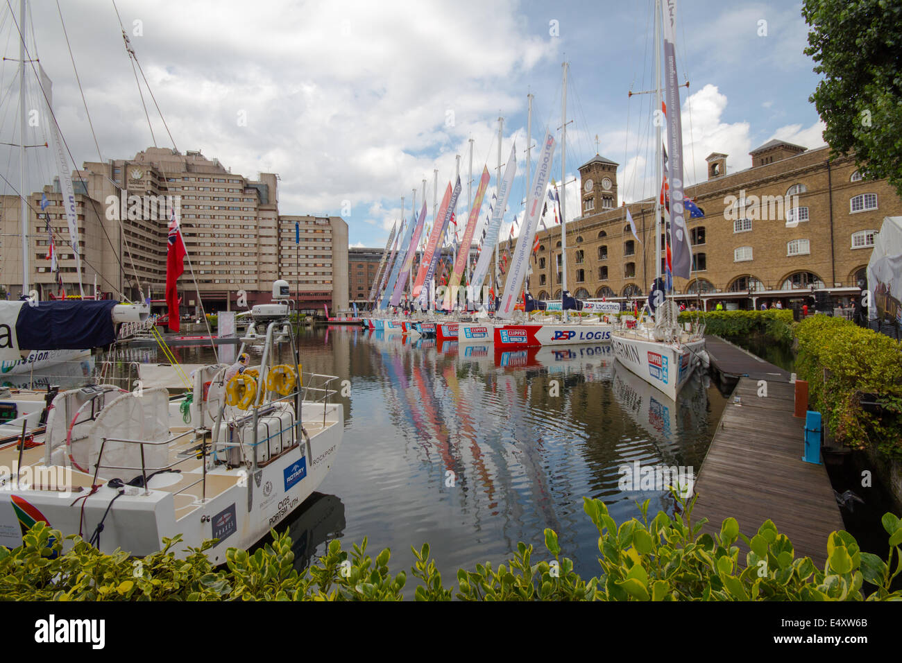 Clipper 70 racing yachts moored in St Katharine Docks after the end of ...