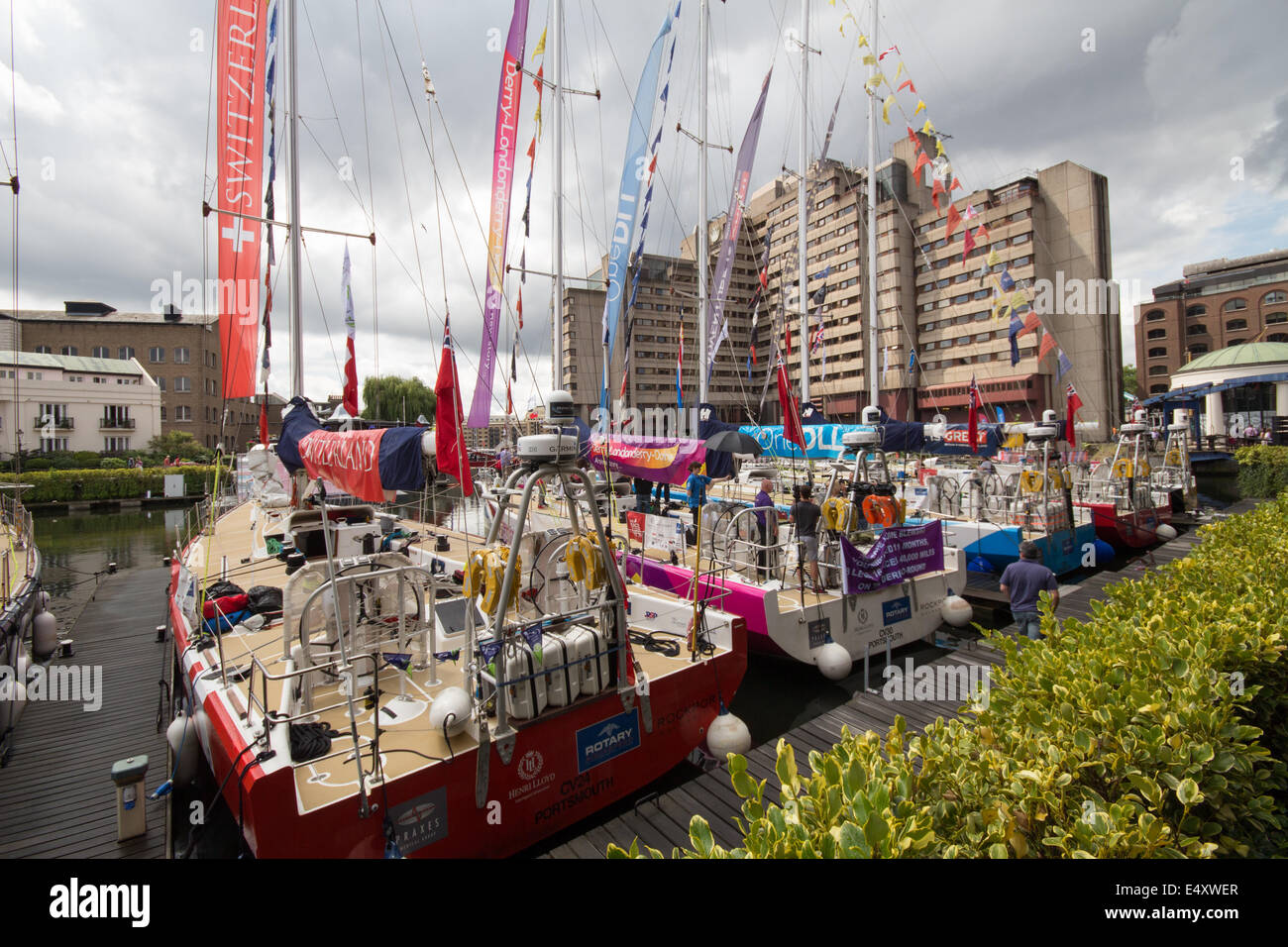 Clipper 70 racing yachts moored in St Katharine Docks after the end of ...
