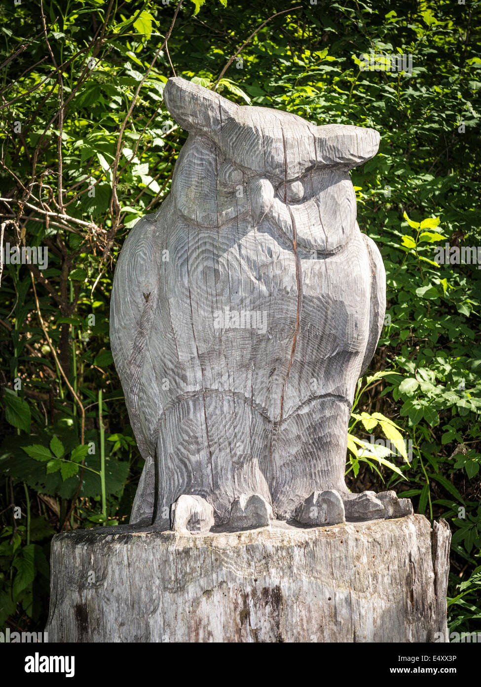 A wooden sculpture of an owl, carved from a tree trunk, along a nature ...