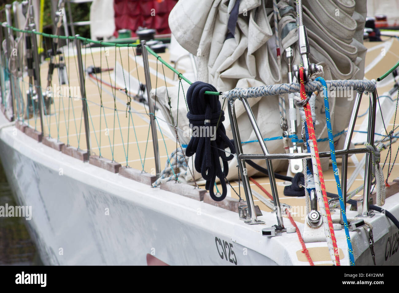 Ropes onboard a Clipper 70 yacht moored in St Katharine Docks, London ...