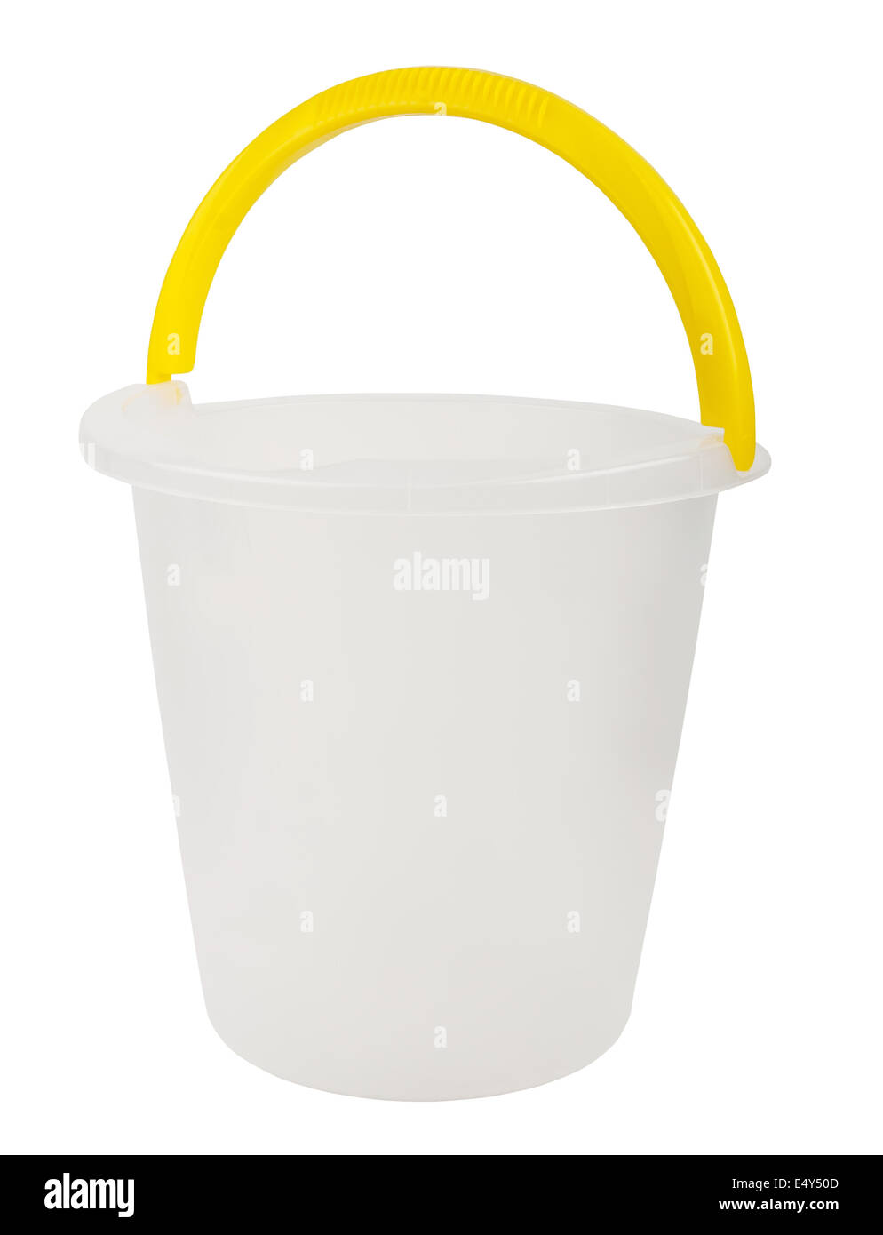 Empty plastic bucket with yellow handle isolated on white background ...