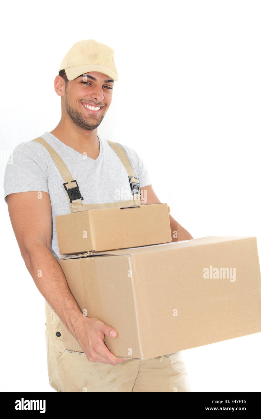 Confident young man carrying cardboard boxes Stock Photo - Alamy