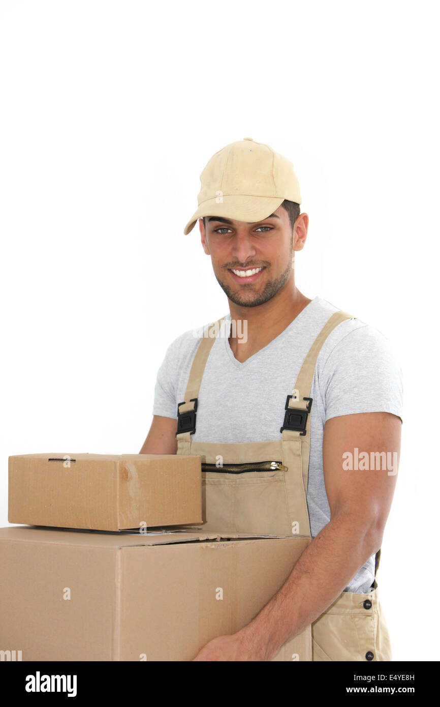 Workman carrying boxes Stock Photo - Alamy