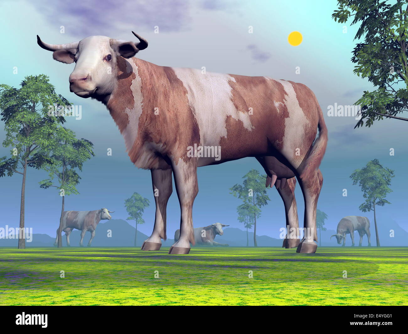 Cows in nature - 3D render Stock Photo - Alamy