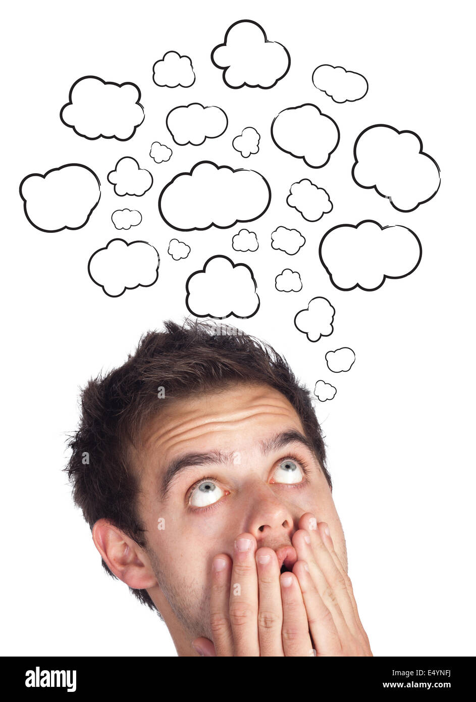 Young head thinking with clouds Stock Photo - Alamy