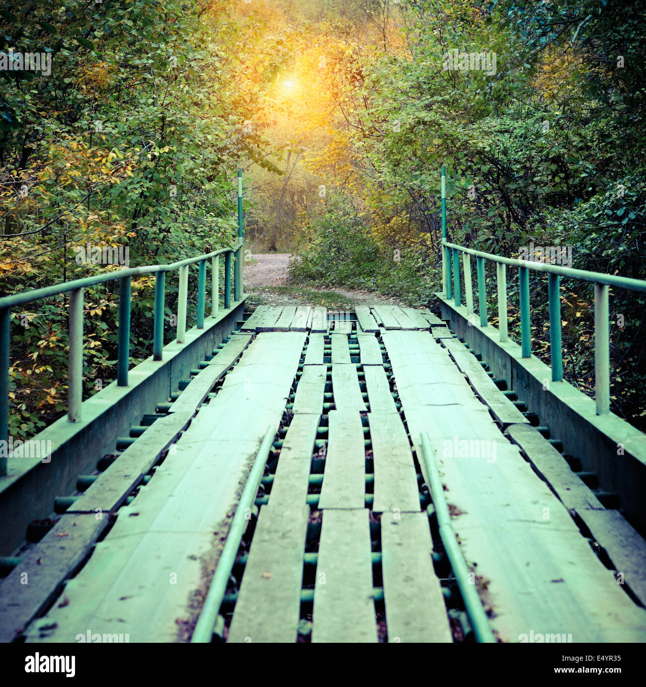 Old bridge in autumn misty park Stock Photo - Alamy