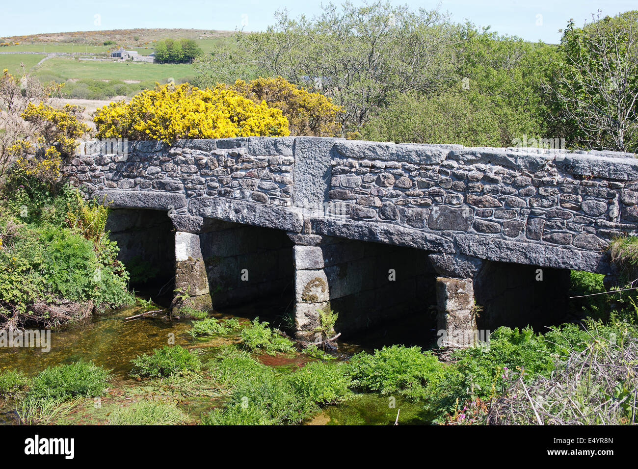 An ancient stone bridge crossing the River Fowey, Bodmin Moor, Cornwall ...
