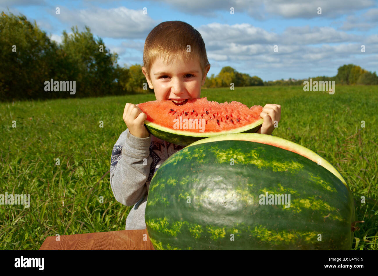 Smiling little boy eating watermelon Stock Photo - Alamy