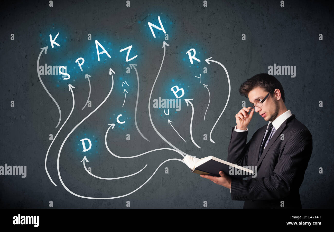 man reading a book while multiple choices are coming out of the book ...