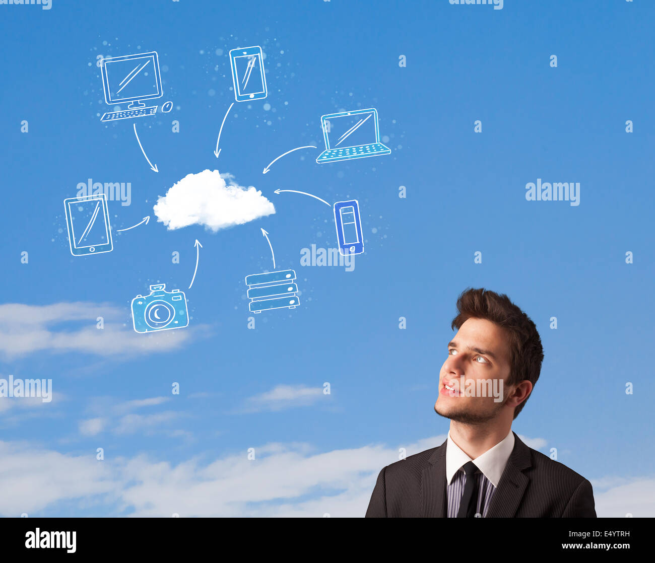 Handsome man looking at cloud computing concept on blue sky Stock Photo ...