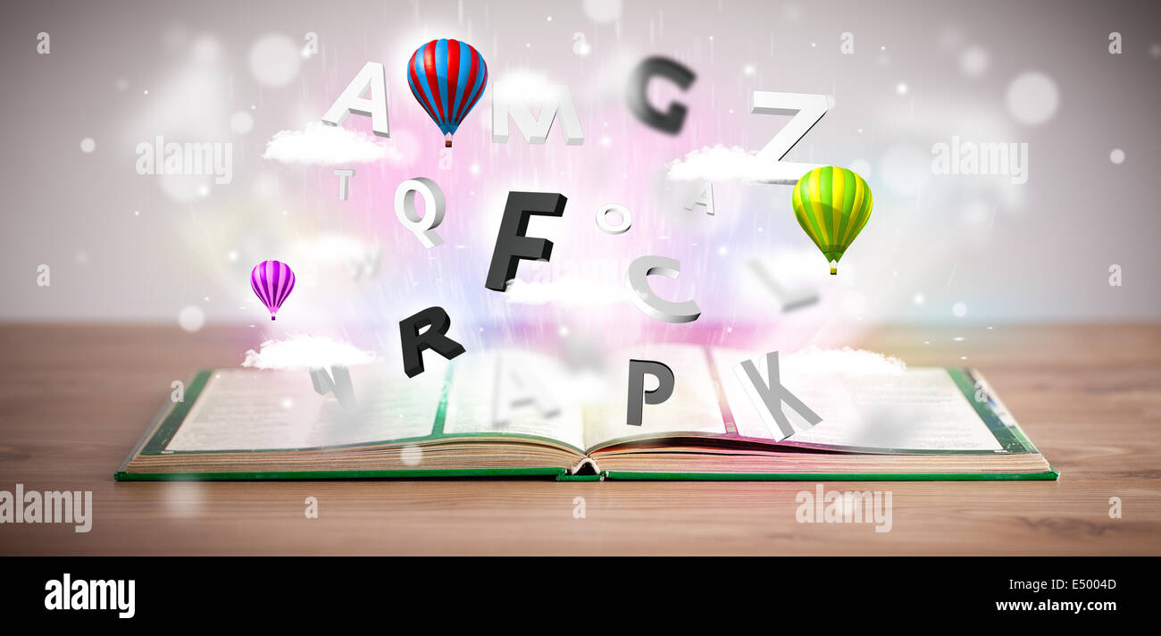 Open book with flying 3d letters on concrete background Stock Photo - Alamy